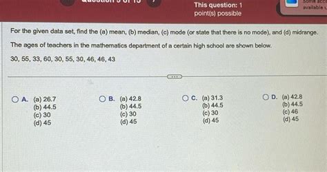 [answered] Oa A 26 7 B 44 5 C 30 D 45 This Question 1 Point S Possible