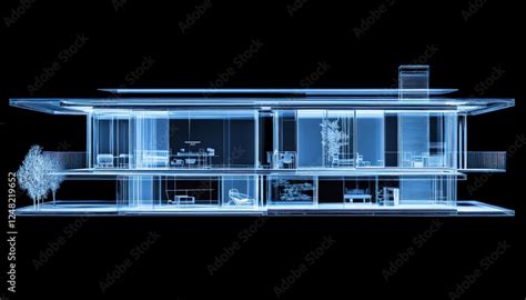Blue X Ray Architecture Showing Modern House With Two Levels Stock