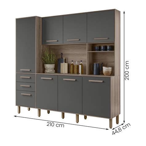 Armario Cozinha Elegance 7 Portas E 3 Gavetas Carvalho Nature Chumbo