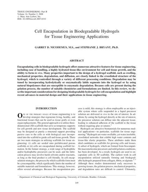 Pdf Cell Encapsulation In Biodegradable Hydrogels For Tissue Engineering Applications