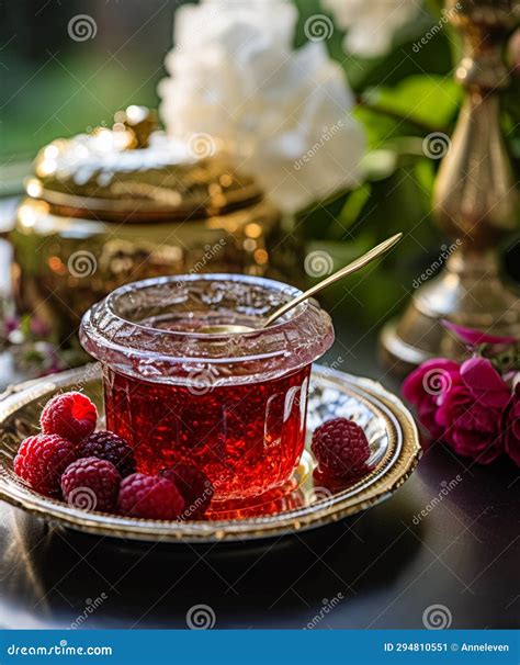 Raspberry Jam And Raspberries In A Crystal Bowl Country Food And