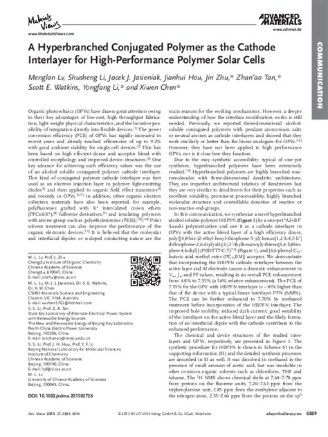 Pdf A Hyperbranched Conjugated Polymer As The Cathode Interlayer For High Performance Polymer