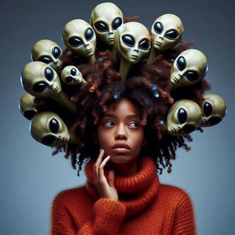 Premium Photo A Woman With A Bunch Of Alien Heads On Her Head