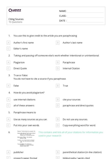 50 Citing Sources Worksheets For 8th Grade On Quizizz Free And Printable