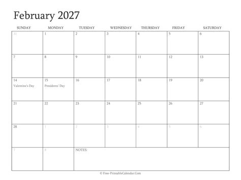 Printable February Calendar 2027 With Holidays