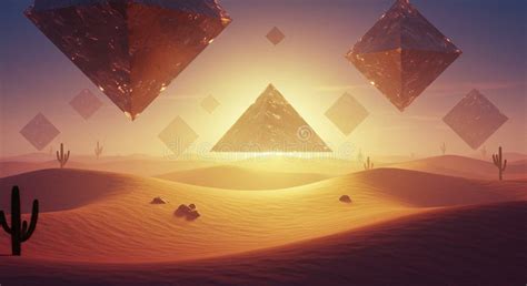 Surreal Desert Scene With Large Floating Pyramidal Structures Glowing