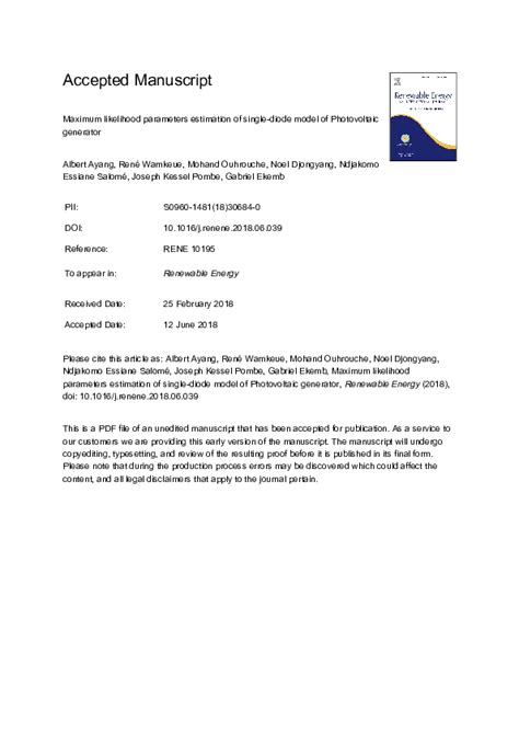 Pdf Maximum Likelihood Parameters Estimation Of Single Diode Model Of Photovoltaic Generator