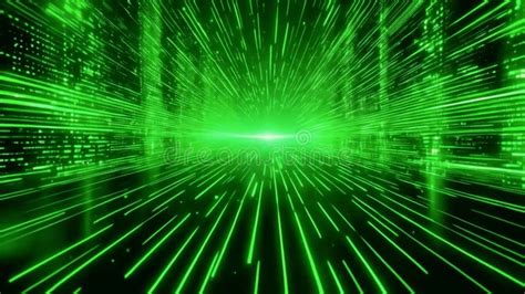 Futuristic Green Digital Data Stream Lines Converging Towards A Bright Light Source In A Dark