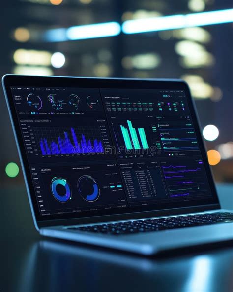 A Laptop Displaying Data Analytics And Visualizations In A Dark Modern Environment Stock