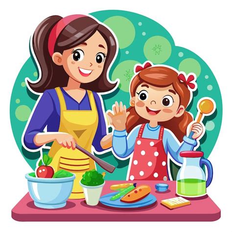 Una Imagen De Una Madre Y Su Hijo Cocinando En Una Cocina Vector Premium