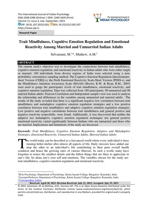 Pdf Trait Mindfulness Cognitive Emotion Regulation And Emotional Reactivity Among Married And