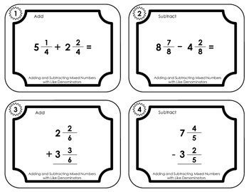 Task Cards Fractions Add And Subtract Mixed Numbers With Like Denominators