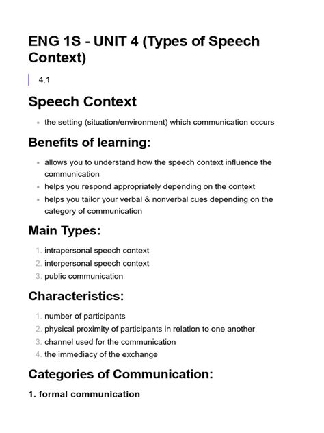 Eng 1s Unit 4 Types Of Speech Context Pdf Communication Nonverbal Communication