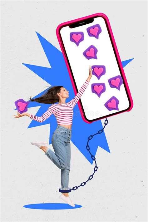 Composite Artwork Collage Photo Of Young Sweetheart Woman Jump Click Like Button Distance App