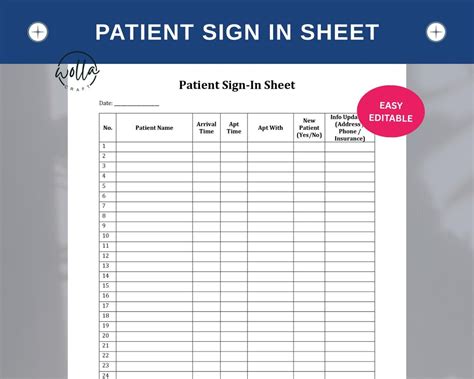 Patient Sign In Sheet Template Printable Editable Sign In Log For