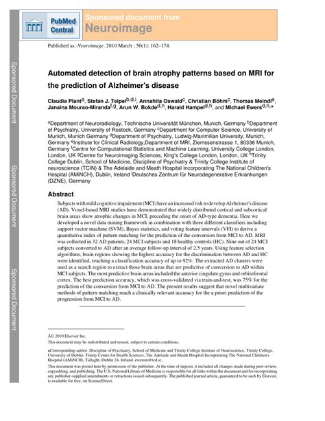 Pdf Automated Detection Of Brain Atrophy Patterns Based On Mri For The Prediction Of Alzheimer