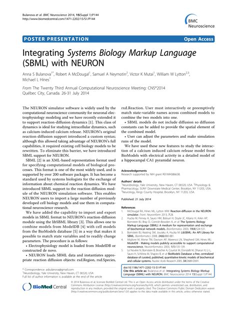 Pdf Integrating Systems Biology Markup Language Sbml With Neuron
