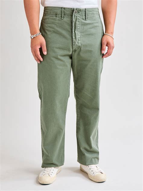 Herringbone Twill Field Pants In Washed Olive Blue Owl Workshop