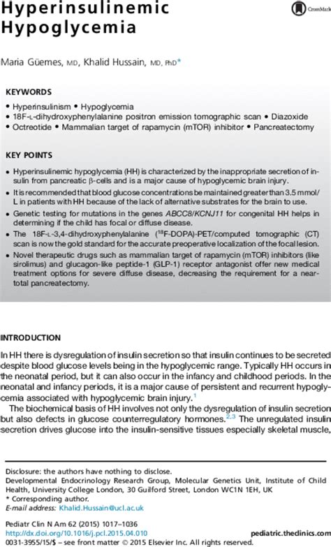 Hyperinsulinemic Hypoglycemia Pediatric Clinics