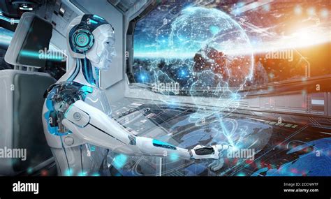 Robot Cyborg In A Control Room Flying A White Modern Spaceship With