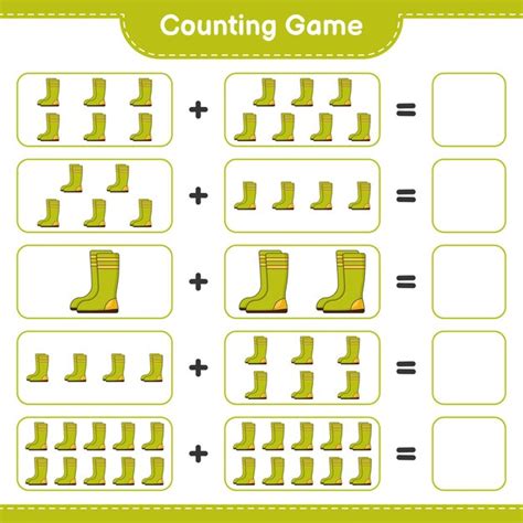 게임을 세고 고무 장화의 수를 세고 결과를 씁니다 교육용 어린이 게임 인쇄 가능한 워크 시트 일러스트레이션 프리미엄 벡터