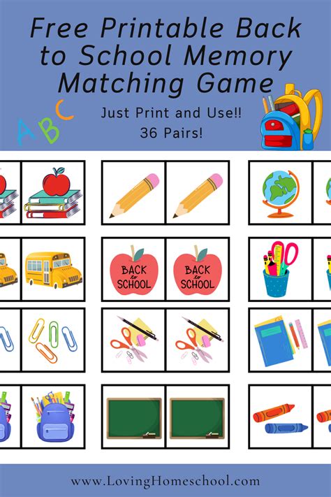 Free Printable Back To School Memory Matching Game