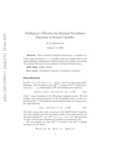 Pdf Darlingtons Theorem For Rational Nevanlinna Functions In Several