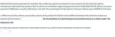 Solved Nadine Chelesvig Has Patented Her Invention She Is