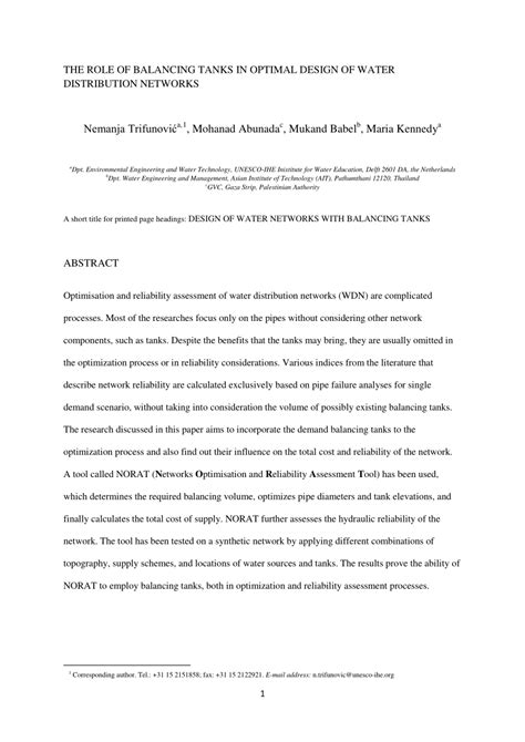 Pdf The Role Of Balancing Tanks In Optimal Design Of Water