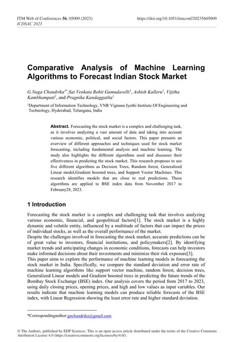 PDF Comparative Analysis Of Machine Learning Algorithms To Forecast Indian Stock Market