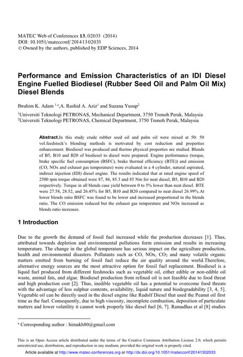 Pdf Performance And Emission Characteristics Of An Idi Diesel Engine Fuelled Biodiesel Rubber