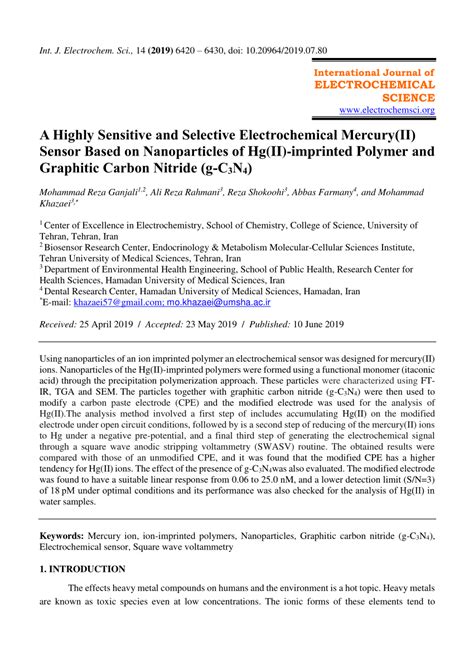 Pdf A Highly Sensitive And Selective Electrochemical Mercuryii Sensor Based On Nanoparticles