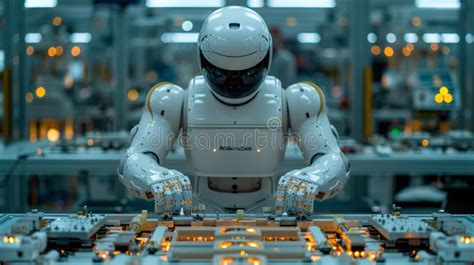 Industrial Robot Works Automatically In Smart Autonomous Factory Stock