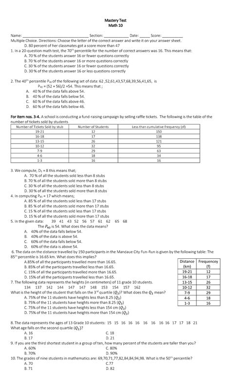 Mastery Test Math 10 Understanding Percentiles And Quartiles Studocu