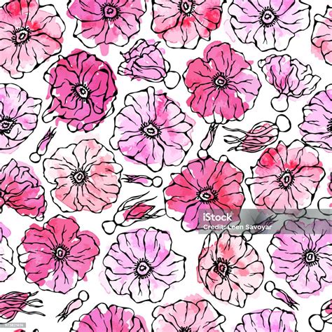 원활한 패턴 수채화 와일드 로즈 핑크 꽃입니다 개 로즈 브라 잎입니다 식물 그림입니다 현실적인 손으로 그린 그림입니다 Savoyar 낙서 스타일 0명에 대한 스톡 벡터 아트