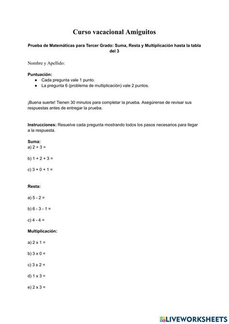 Matemática Online Exercise For Tercero Live Worksheets