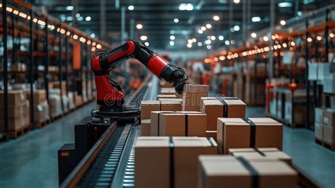 Robotic Arm Sorts Packages On Conveyor Belt In Modern Warehouse