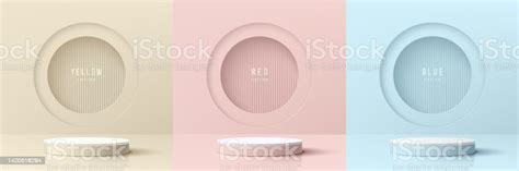 베이지색 파란색 분홍색의 사실적인 실린더 연단이있는 추상적 인 3d 배경 세트 원 장면의 수직 패턴입니다 벡터 렌더링 기하학적