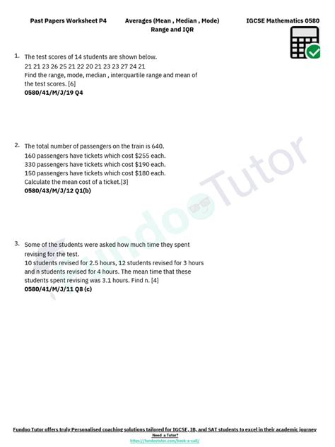 Igcse Math 0580 Averages Mean Median Mode And Ranges Past Paper Worksheet P4 Pdf Descriptive