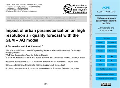 Pdf Impact Of Urban Parameterization On High Resolution Air Quality Forecast With The Gem Aq