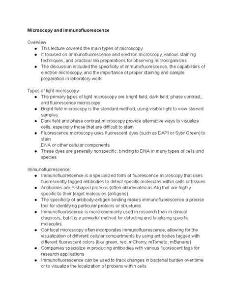 Lecture Notes On Microscopy Techniques Immunofluorescence And Electron