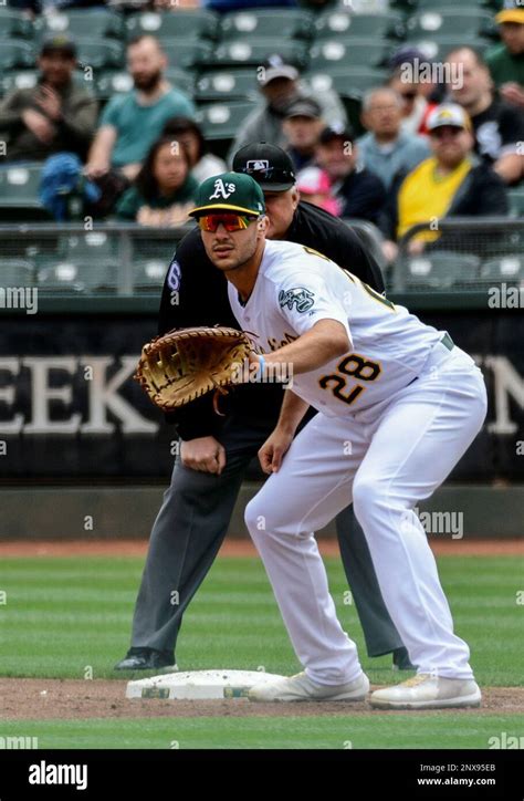 Oakland Ca April 18 Oakland Athletics First Baseman Matt Olson 28 Stands Ready At 1st Base