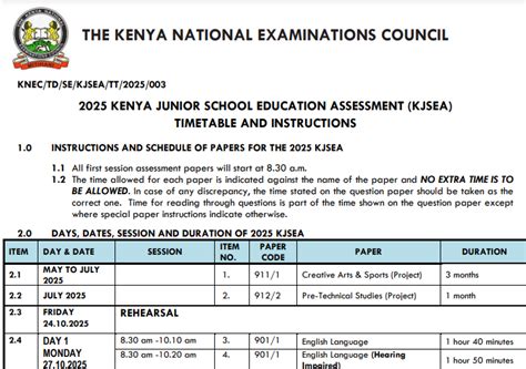Knec Official Grade 9 Kjsea 2025 Timetable Download In Pdf