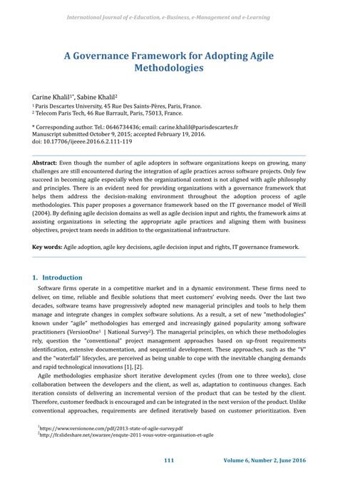 Pdf A Governance Framework For Adopting Agile Methodologies