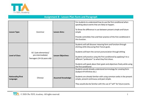 Tefl Academy Assignment B Lesson Plan Form And Paragraph Tefl