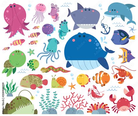 Vector Illustration Of Sea Animals Cartoon Set Marine Life Underwater
