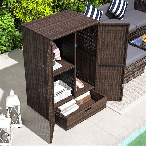 Outsunny Wicker Outdoor Storage Cabinet With Shelves 2 Door Rattan Pool