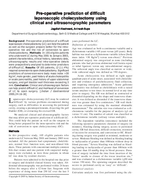 Pdf Pre Operative Prediction Of Difficult Laparoscopic Cholecystectomy Using Clinical And