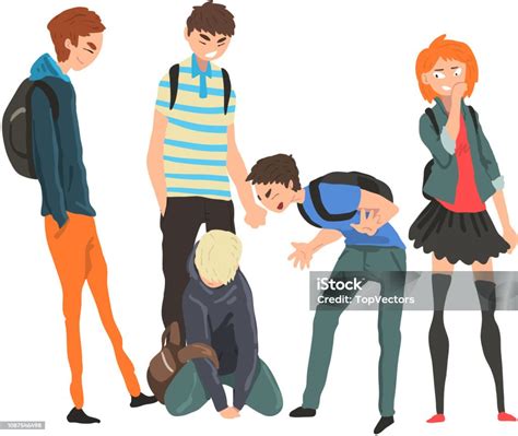 그 아이 조롱과 흰색 배경에 학교 벡터 일러스트 레이 션에 왕 따 사이 충돌을 조롱 하는 급우에 의해 포위 하는 바닥에 앉아 슬픈 십 대 소년 십대에 대한 스톡 벡터 아트