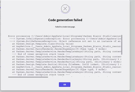 nullreferenceexception when trying to create a page radzen blazor